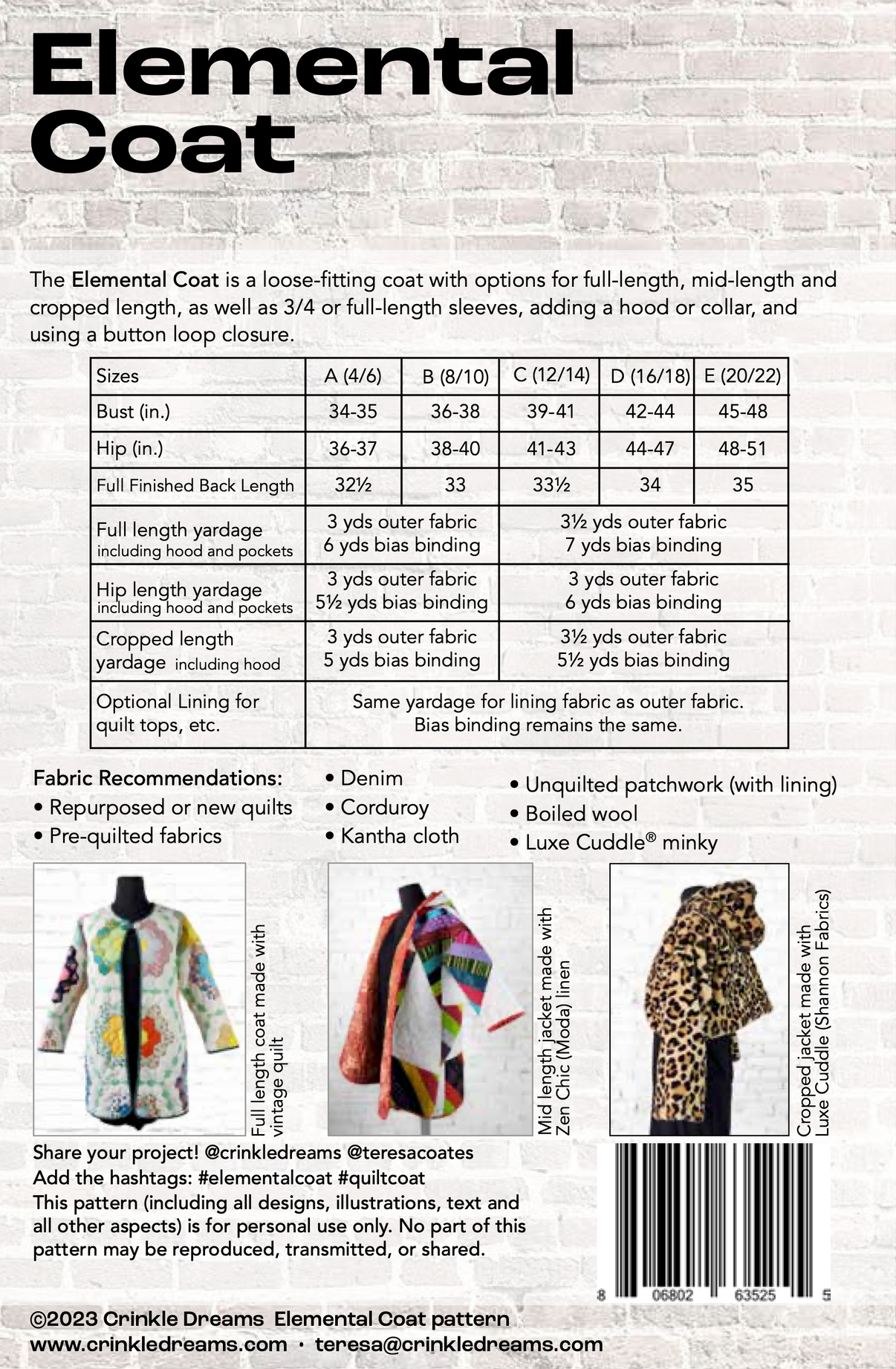 Elemental Coat quilt coat sewing pattern – Crinkle Dreams
