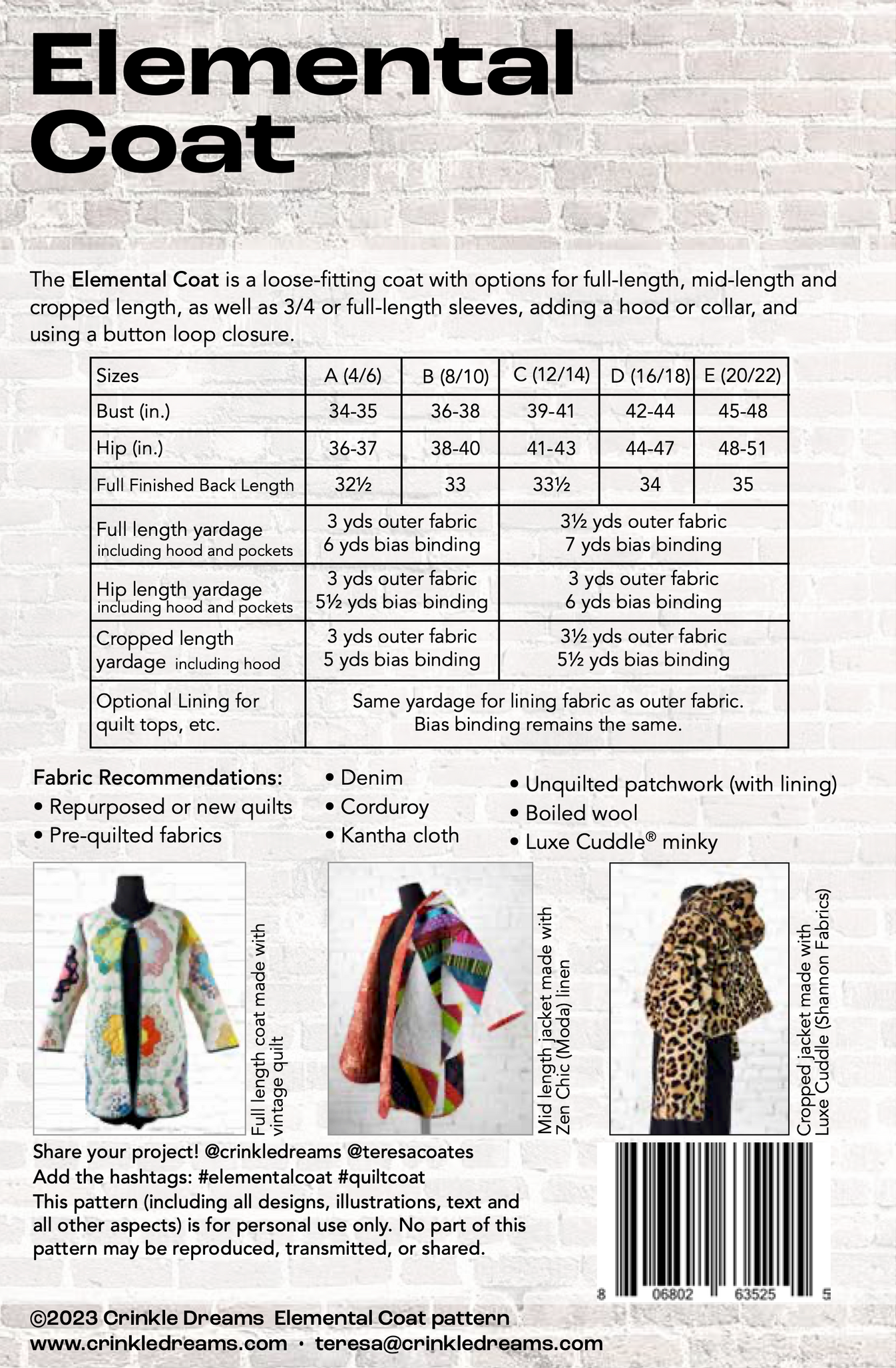 Elemental Coat quilt coat sewing pattern – Crinkle Dreams