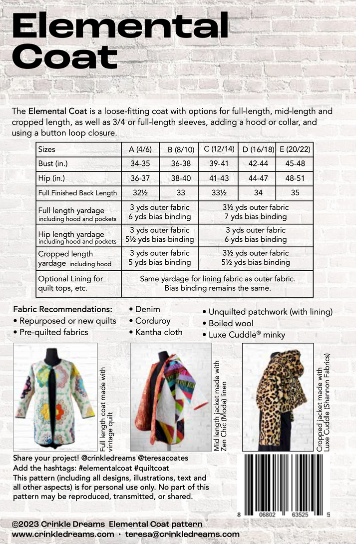 Elemental Coat quilt coat sewing pattern – Crinkle Dreams
